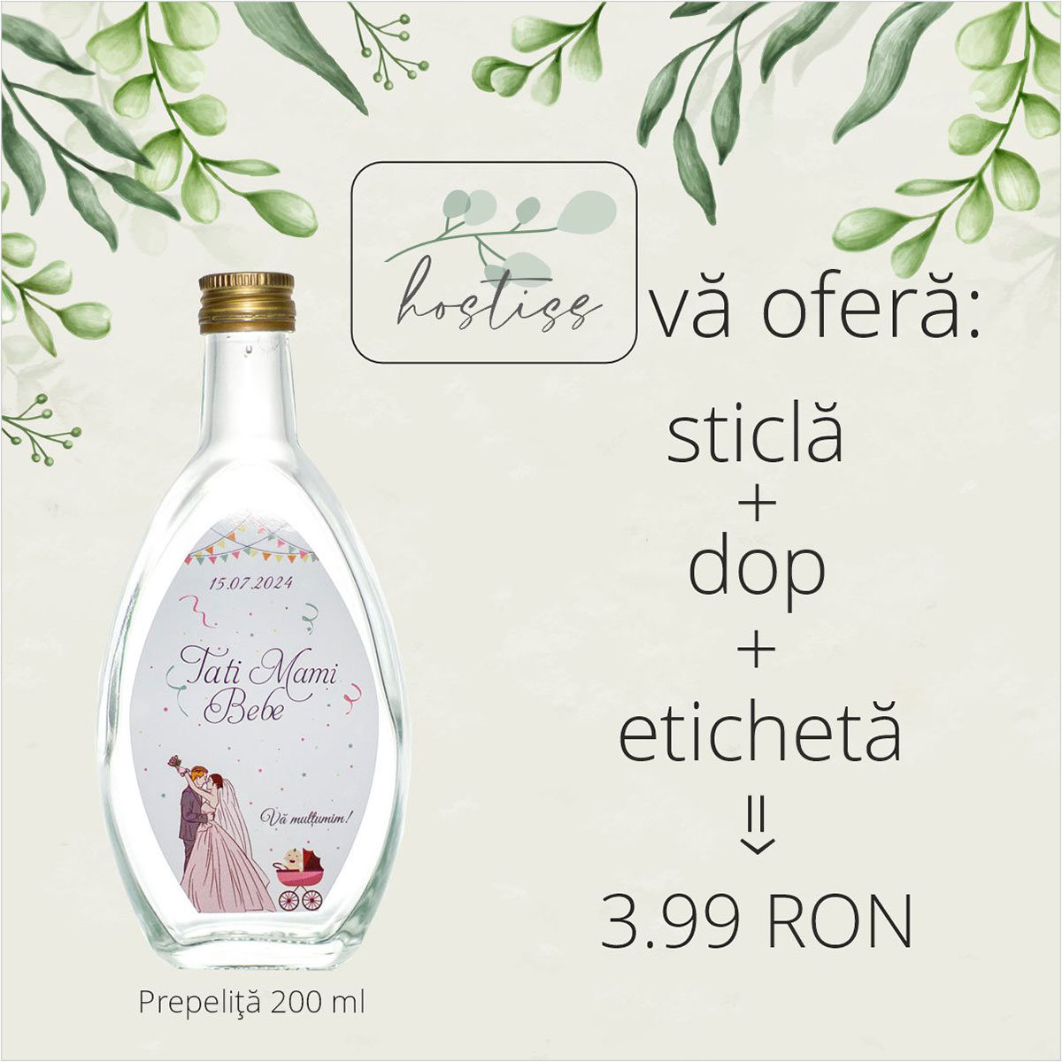 Sticla marturie nunta 200 ml Prepelita - Hostiss