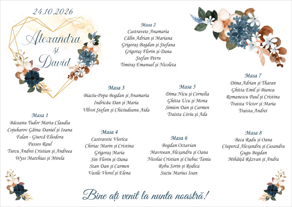 Lista de invitati florala cu inima model 05 - Hostiss